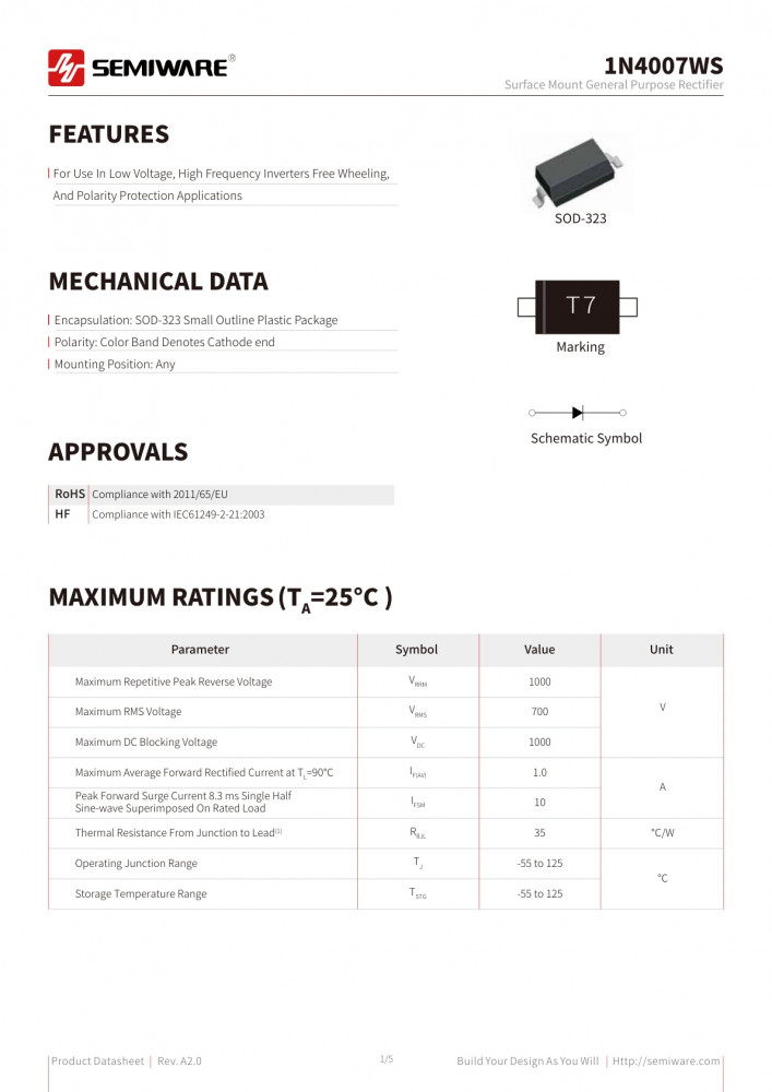 SEMIWARE 1N4007WS datasheet page 1