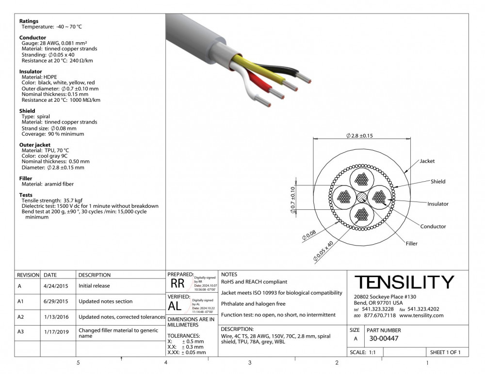 Tensility International 30-00447 cable specification drawing