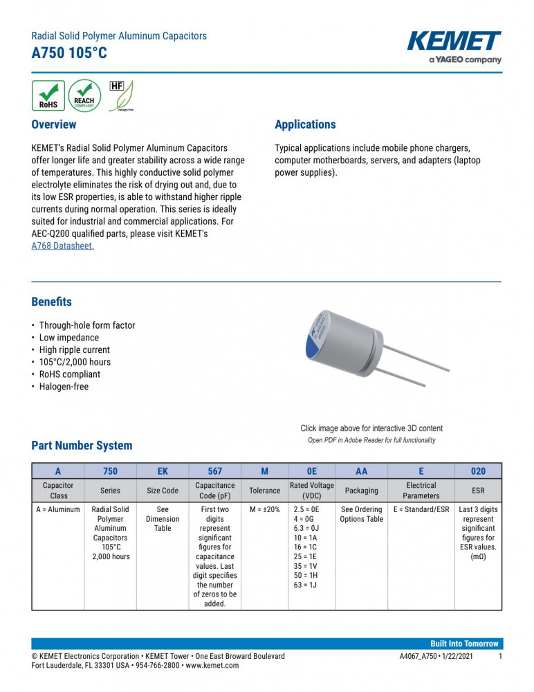 KEMET A750 datasheet page 1