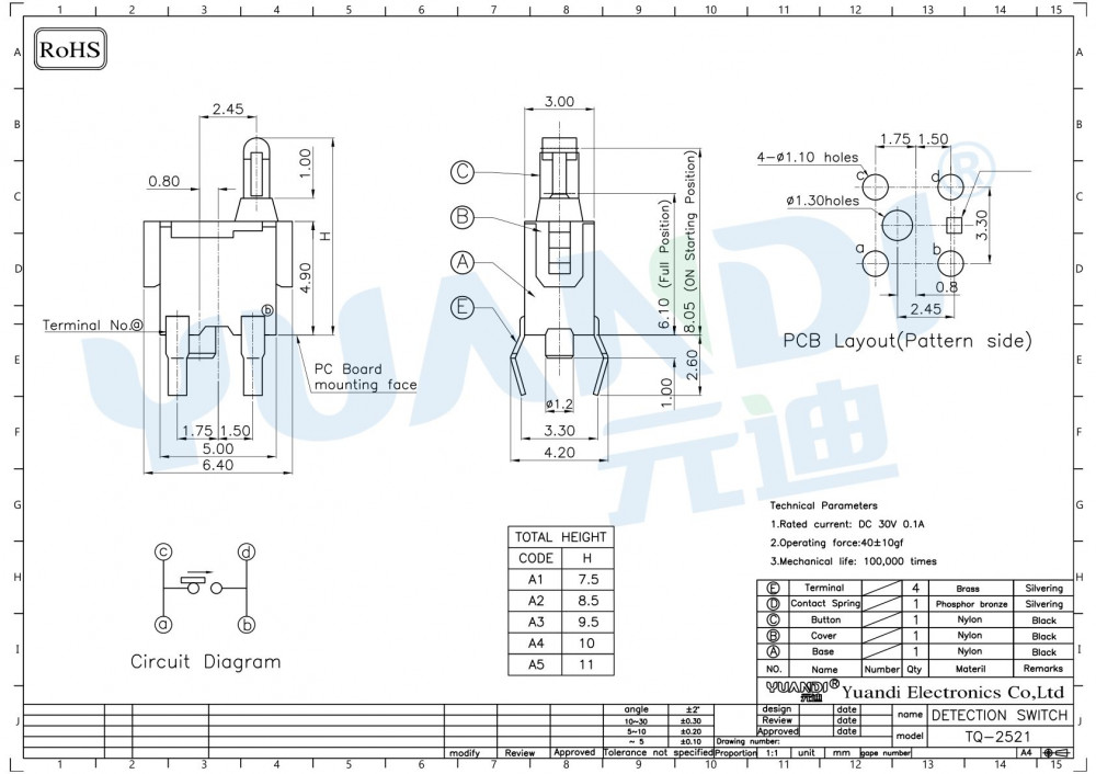 Yuandi TQ-2521-A1 detection switch technical drawing