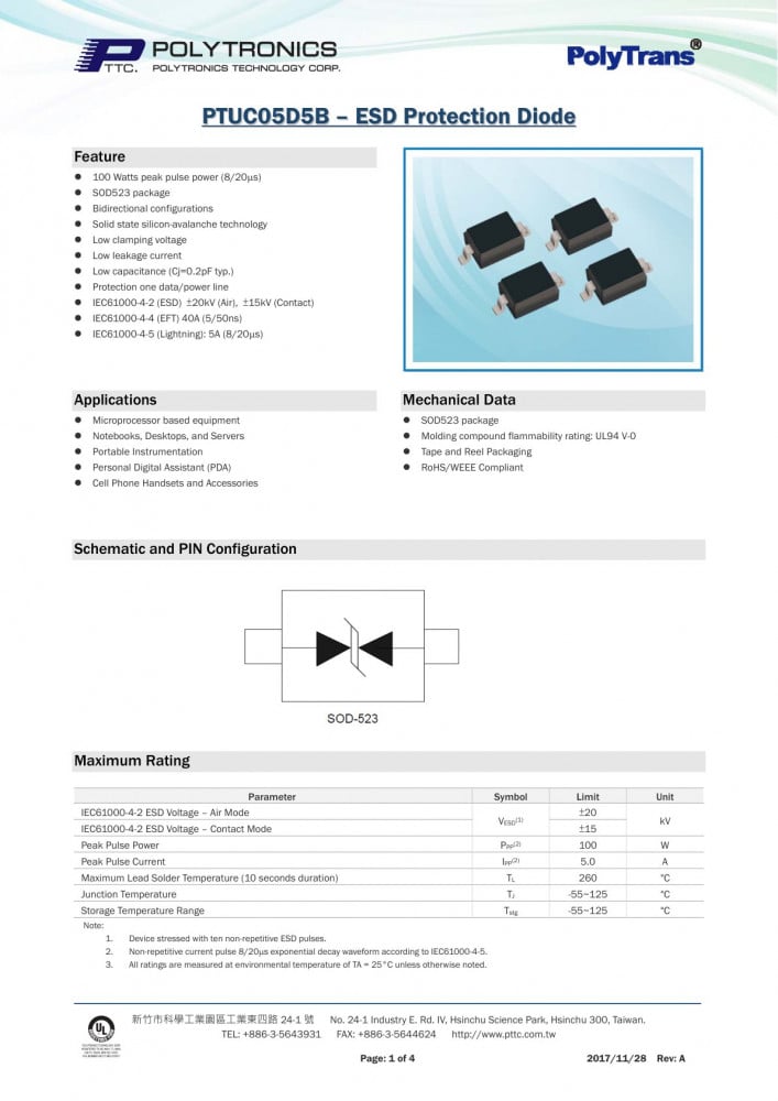 PTUC05D5B technical document page 1