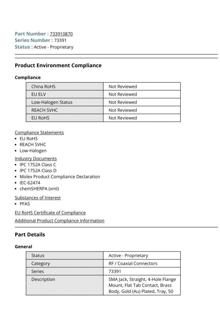 Technical document page 1 for MOLEX 733910870