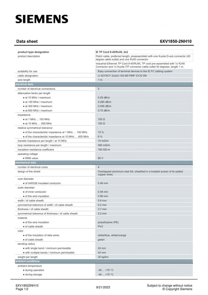 SIEMENS 6XV18502NH10 datasheet page 1