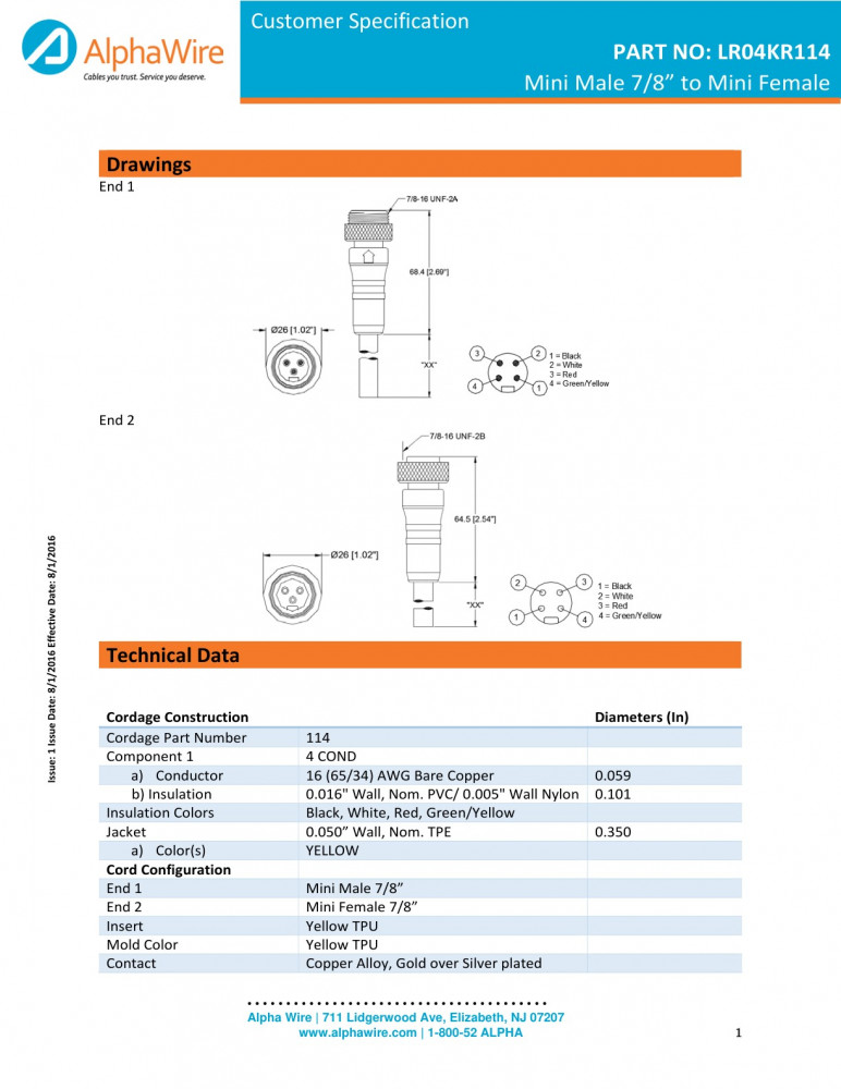 Alpha Wire LR04KR114 YL358 technical drawing page 1