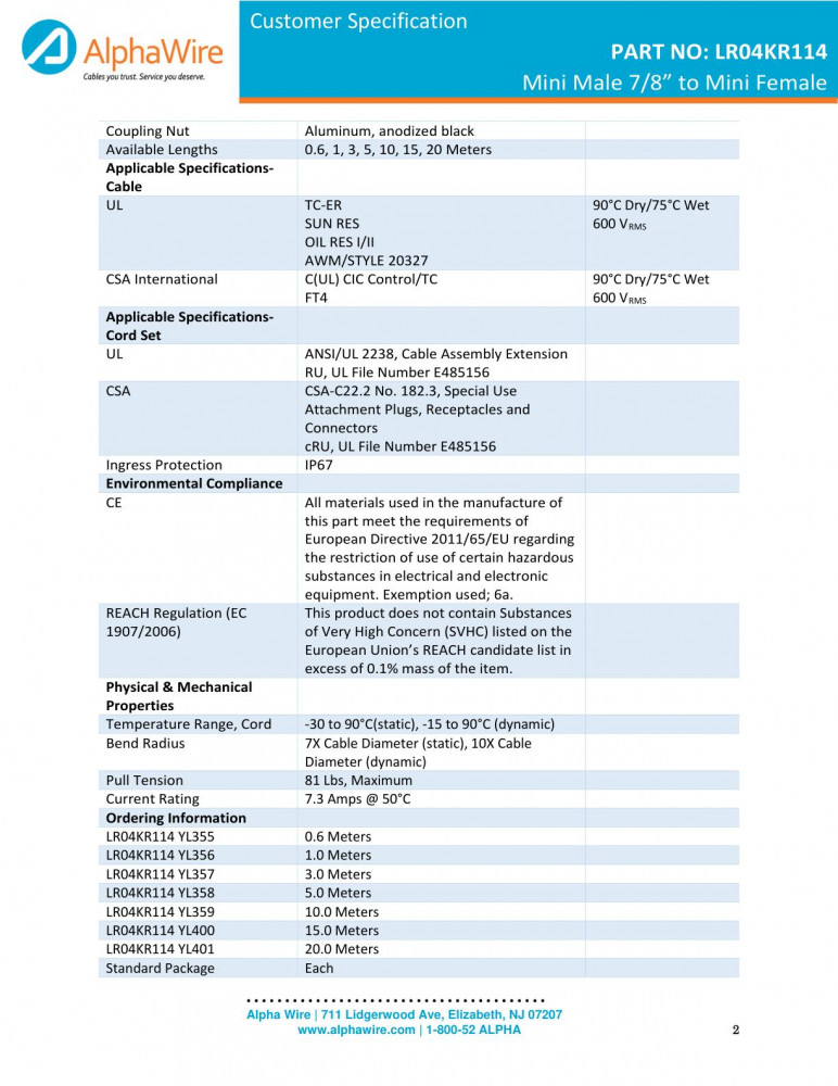 Alpha Wire LR04KR114 YL358 technical drawing page 2