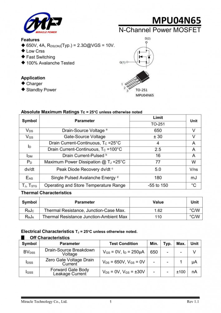 MPU04N65 datasheet page 1