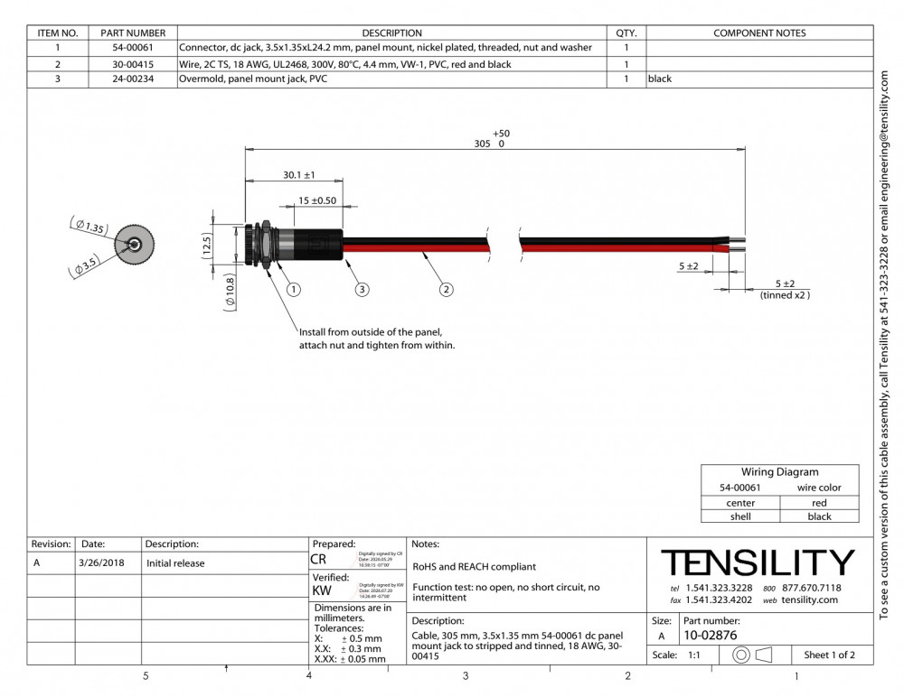 Tensility 10-02876 product drawing, page 1