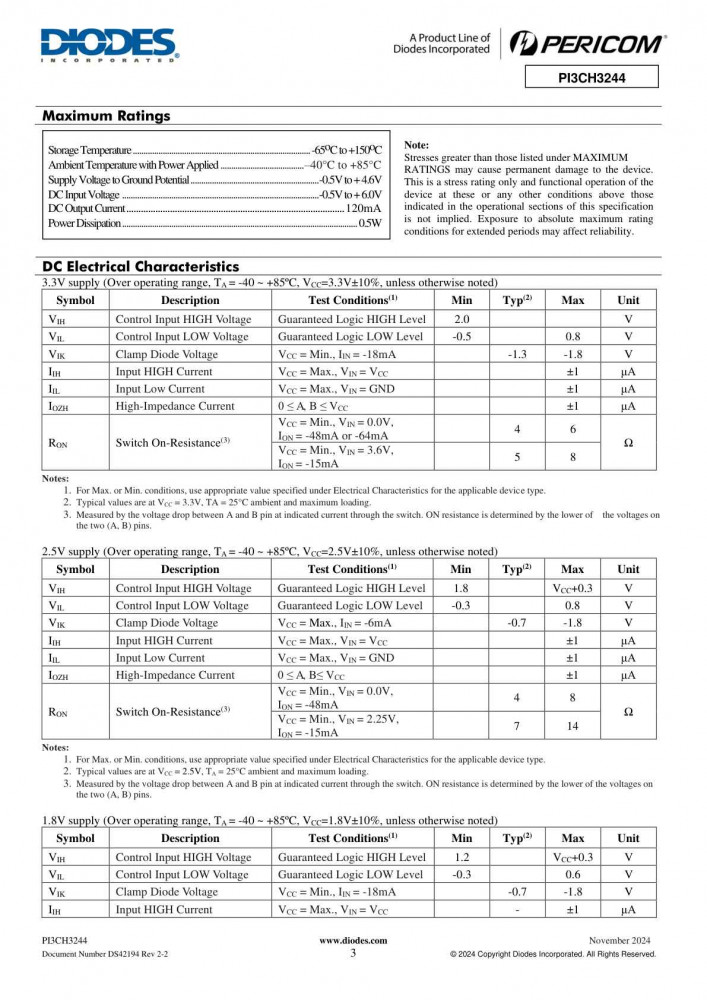 PI3CH3244LE datasheet page 3