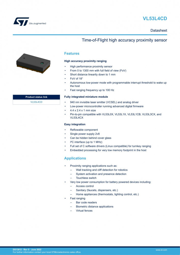 VL53L4CDV0DH/1 technical document page 1