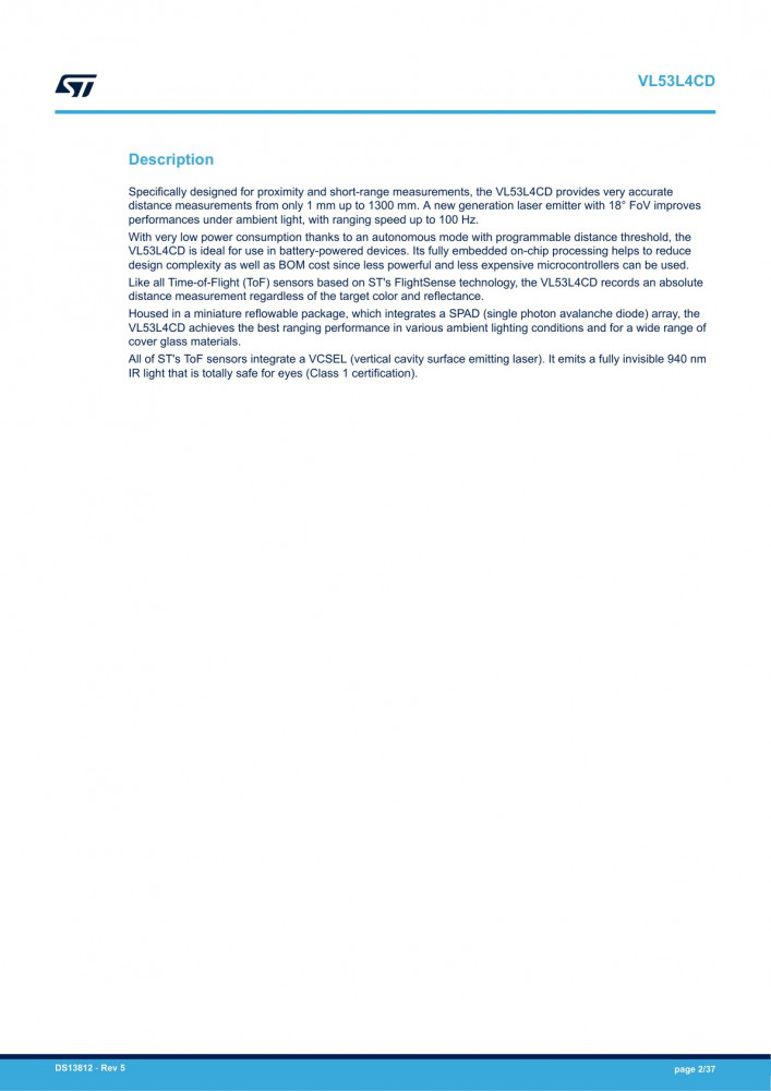 VL53L4CDV0DH/1 technical document page 2
