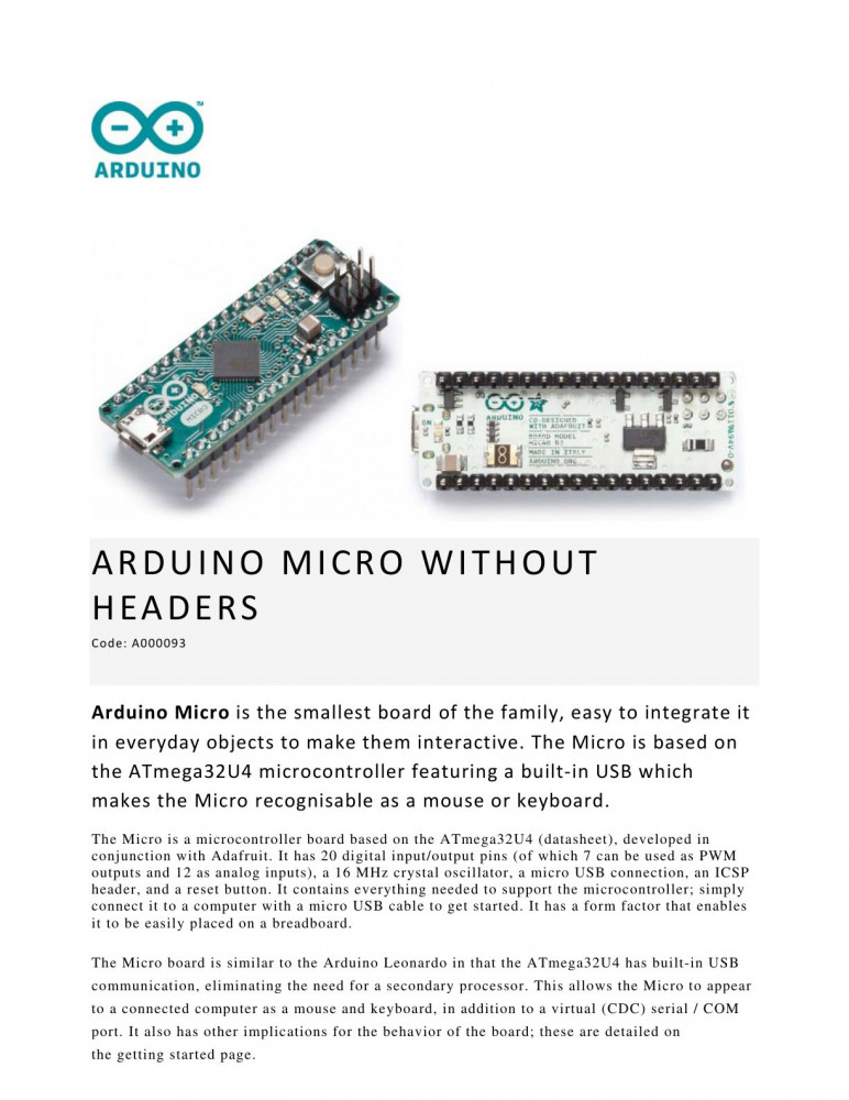 Arduino Micro technical document page 1