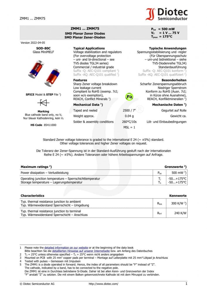 DIOTEC ZMM series datasheet page 1