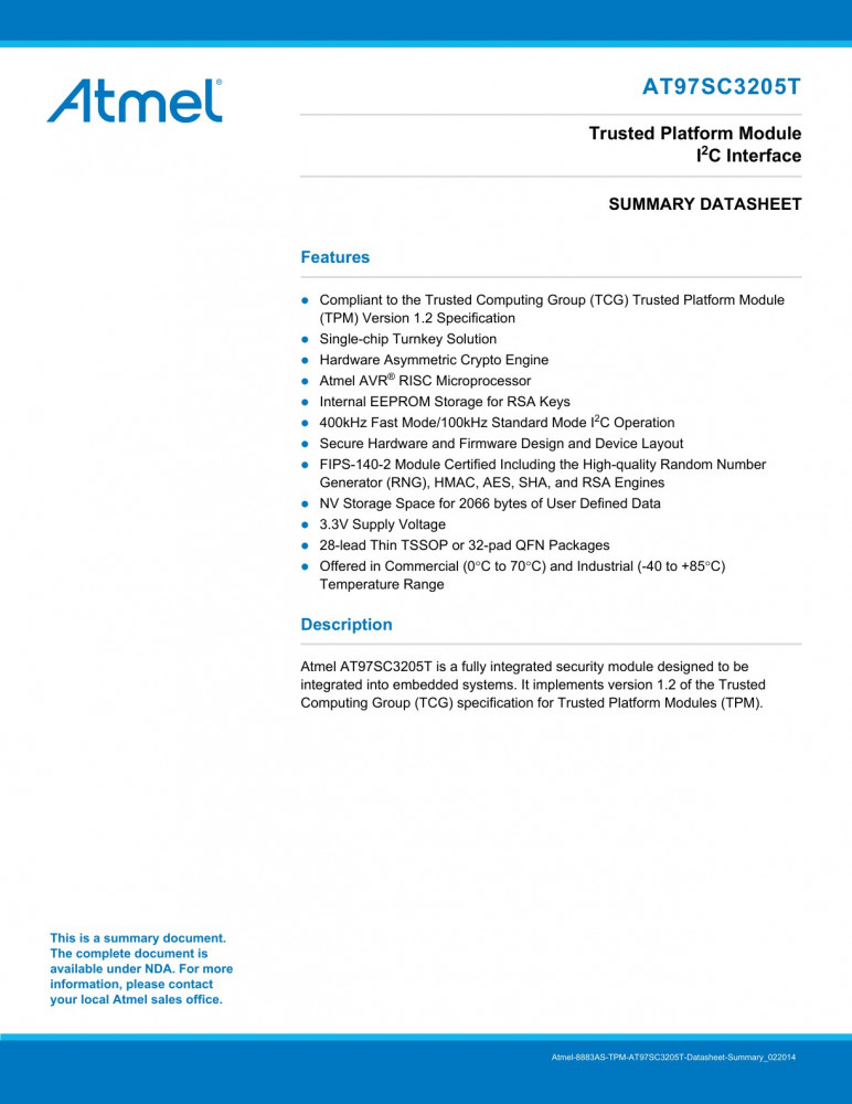 AT97SC3205T technical document page 1