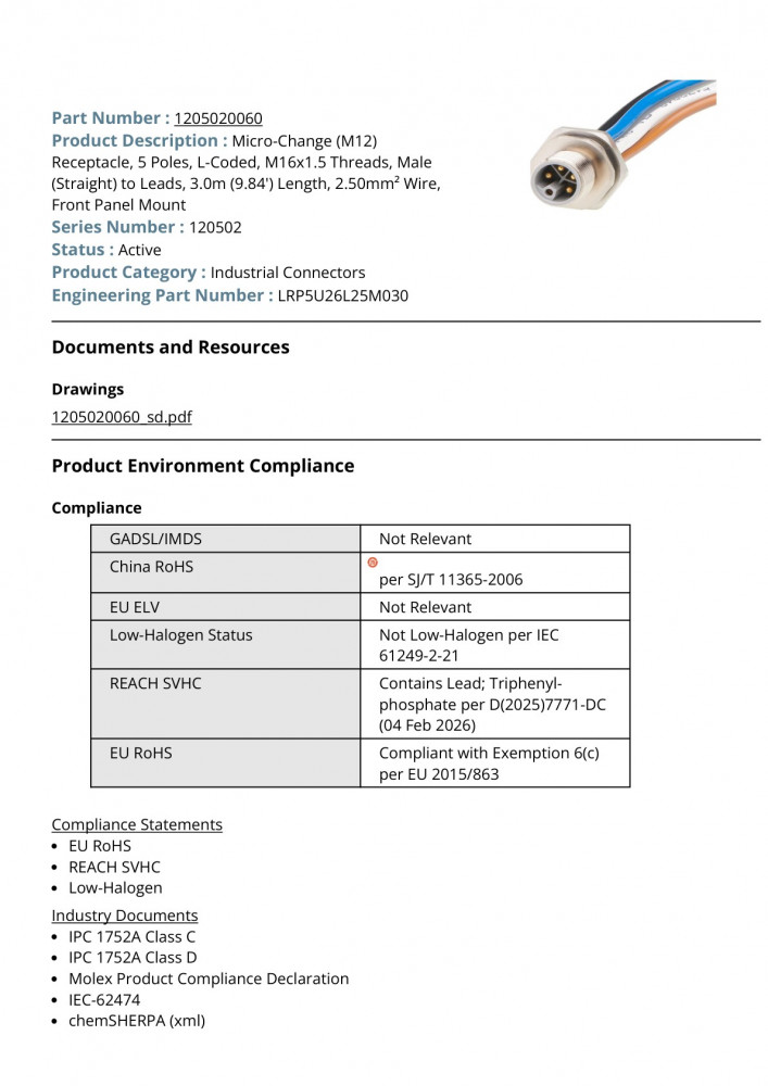 MOLEX 1205020060 technical document page 1