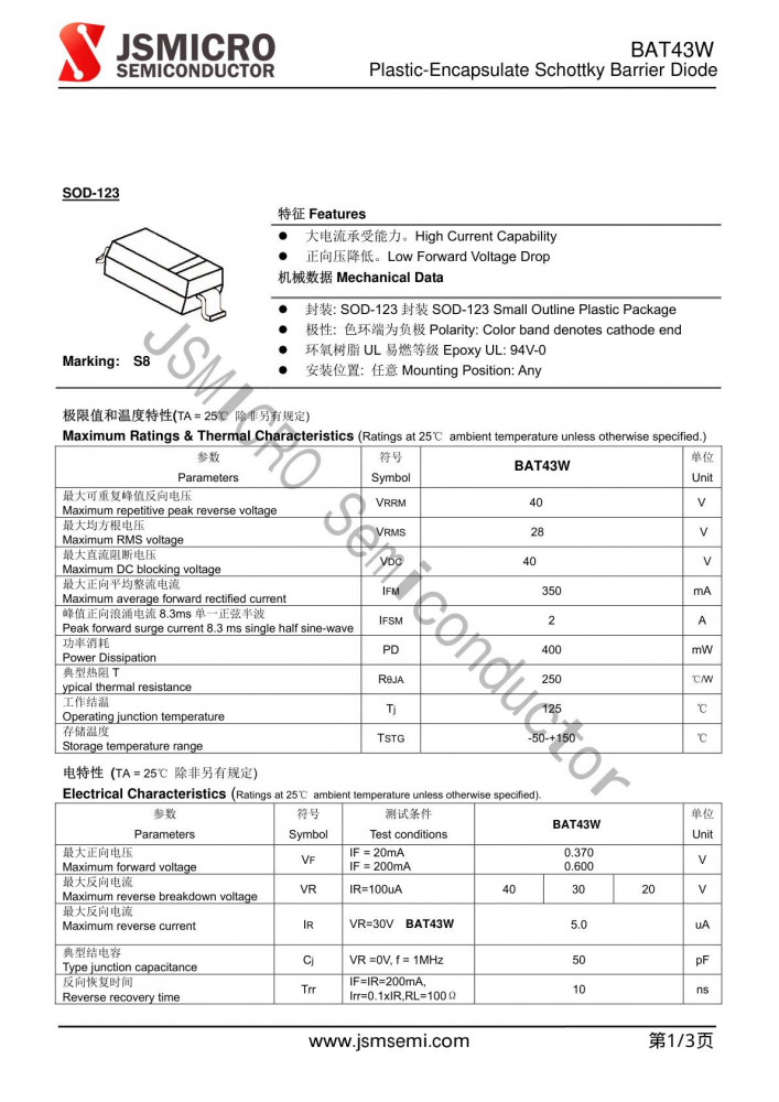 JSMSEMI BAT43W datasheet page 1
