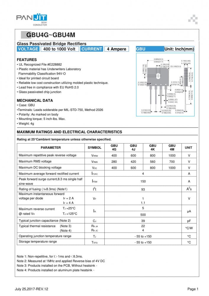 PANJIT GBU4J datasheet page 1