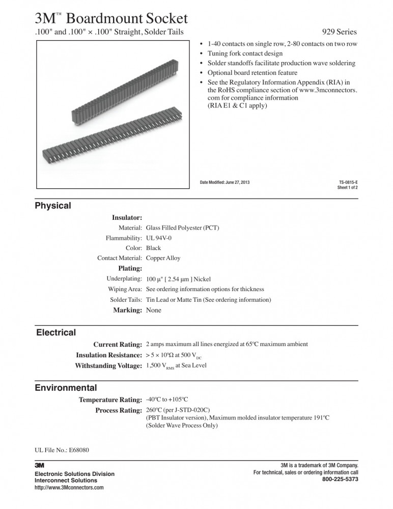 3M 929 Series Boardmount Socket technical drawing page 1