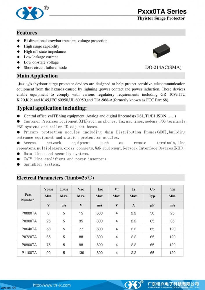 JUXING thyristor surge protector datasheet page 1