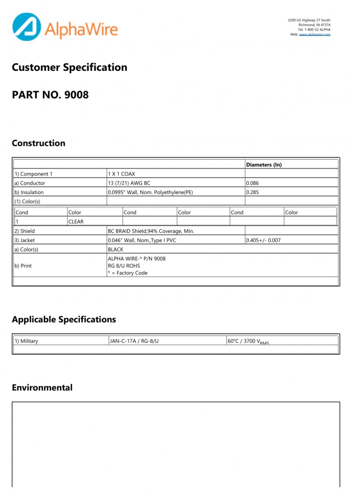 Alpha Wire 9008 BK001 specification page 1