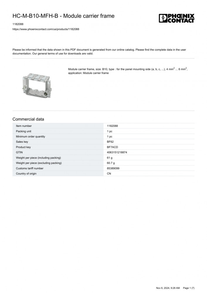 Phoenix Contact 1182088 technical document page 1