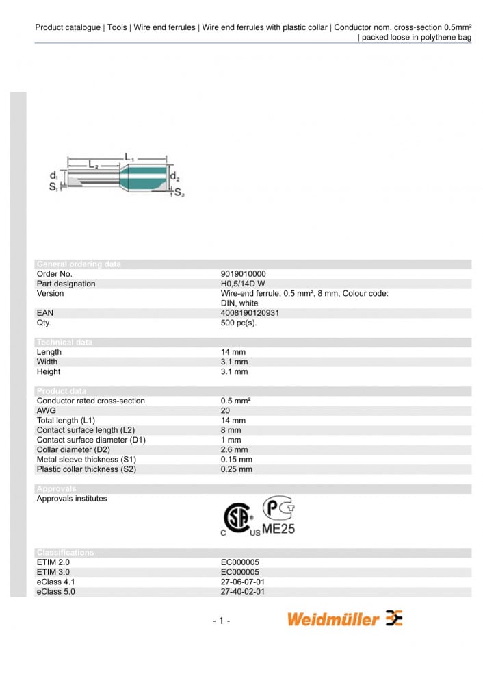 WEIDMULLER 9019010000 technical document page 1
