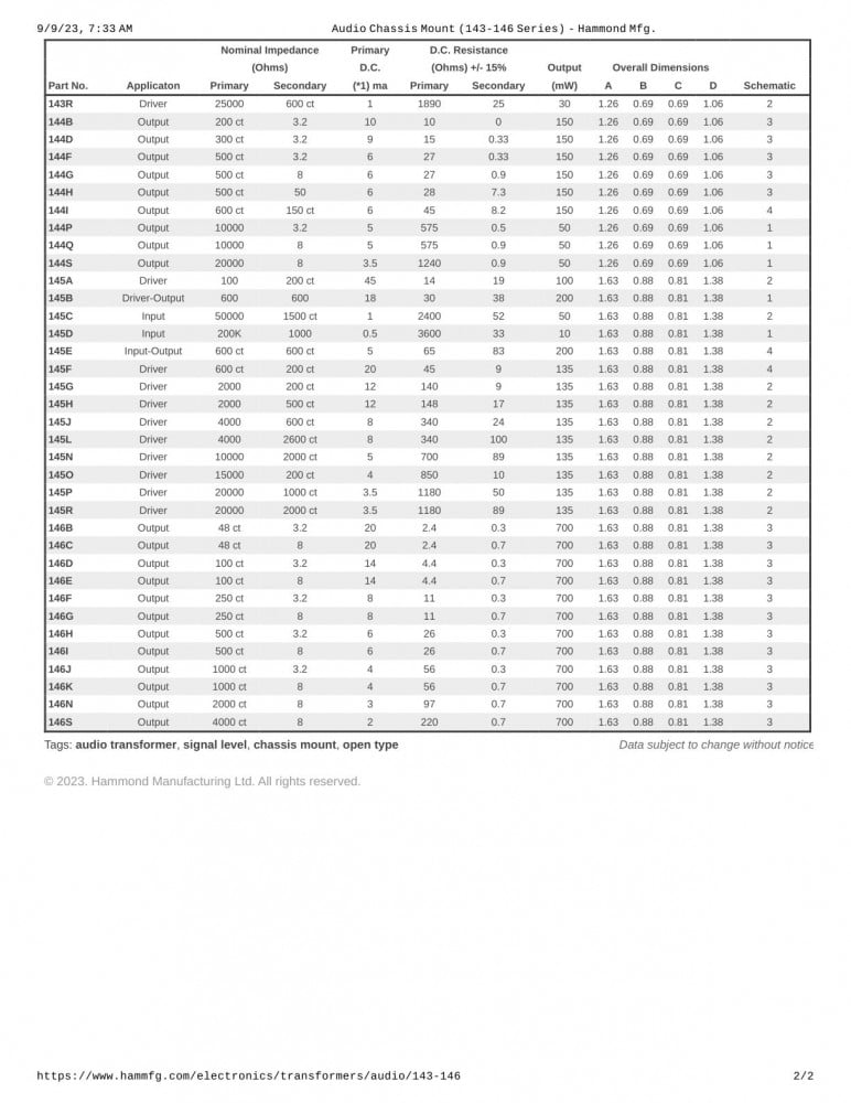 Hammond 143-146 Series audio transformer documentation page 2