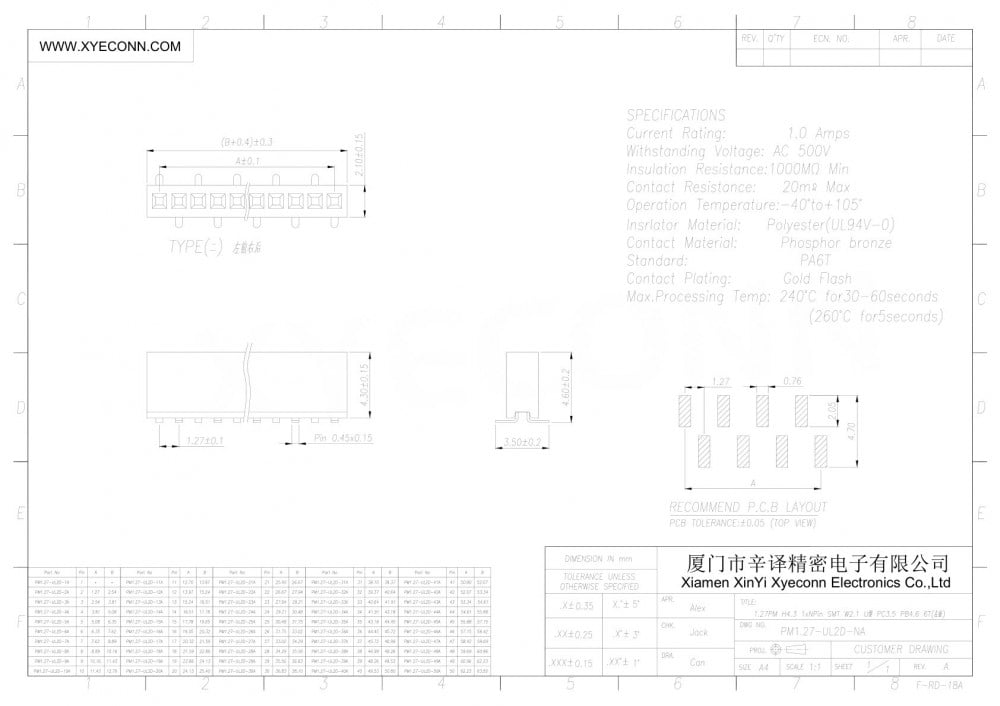 XYECONN PM1.27-UL2D-12A technical drawing