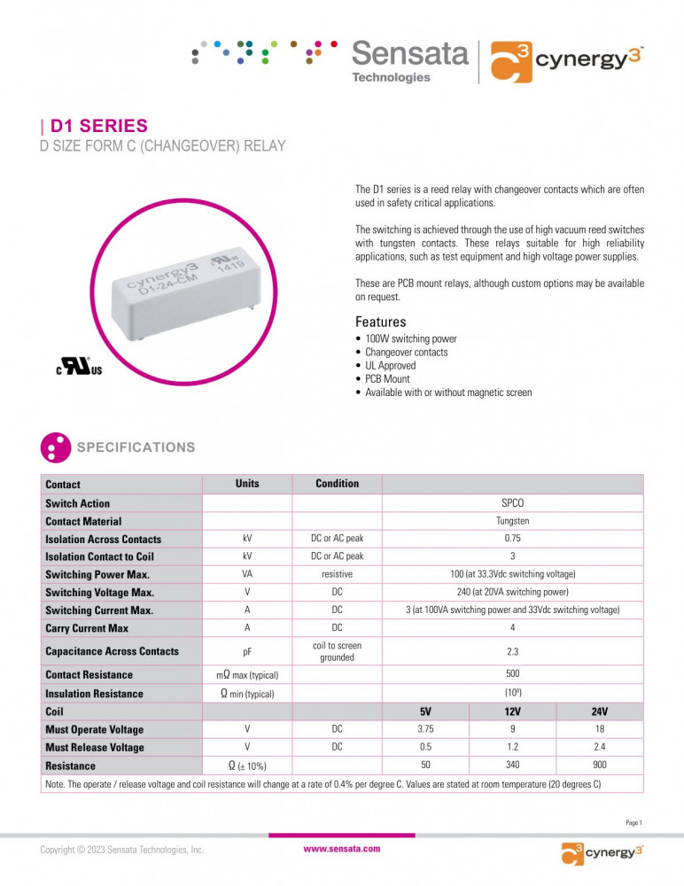 D1 series relay technical document page 1