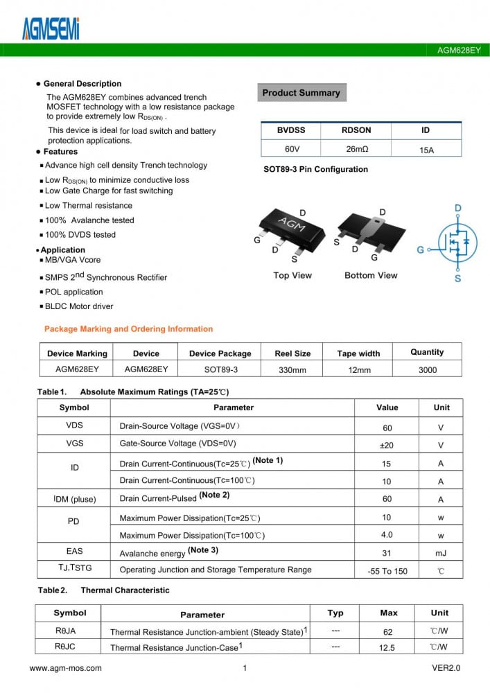 AGM628EY datasheet page 1