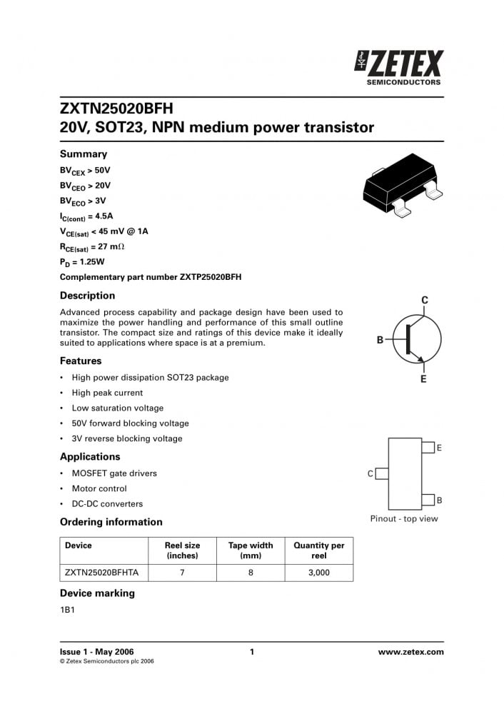 ZXTN25020BFH datasheet page 1