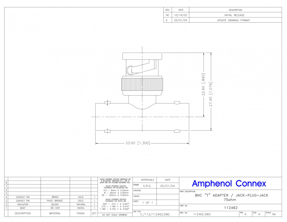 Amphenol 112462 BNC T adapter technical drawing