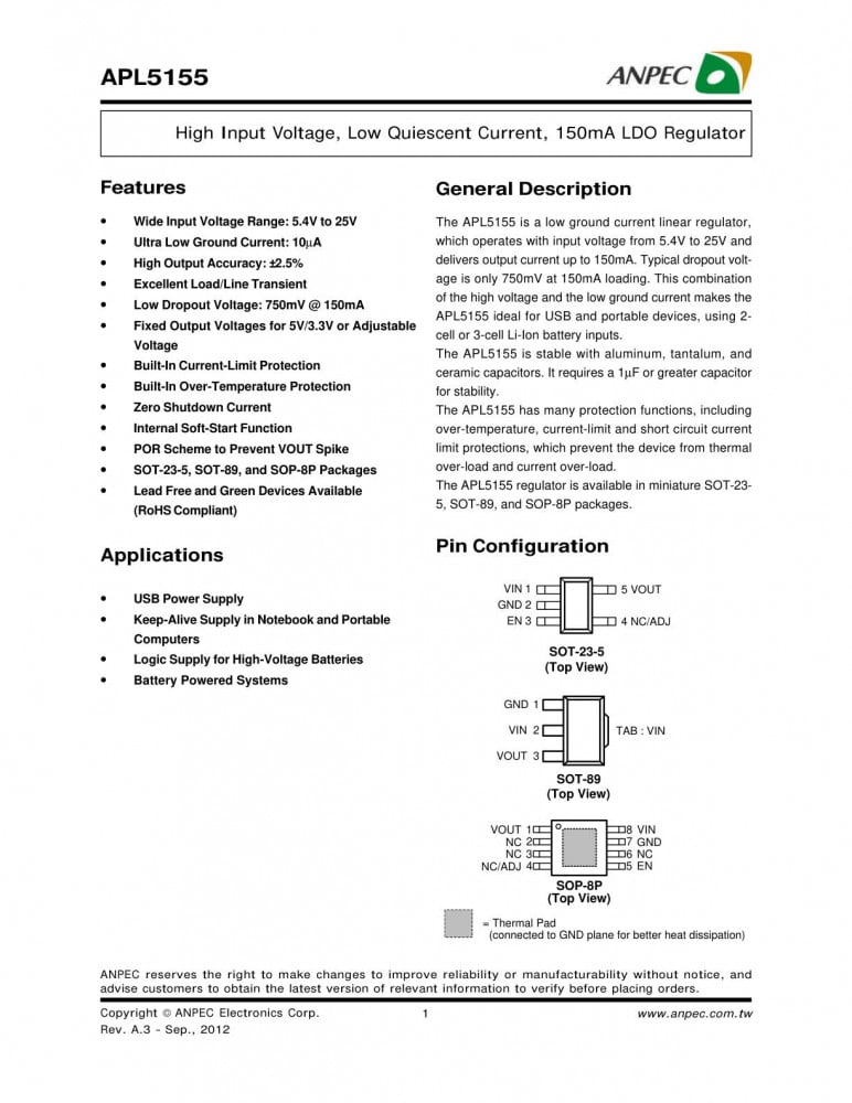 APL5155 datasheet page 1
