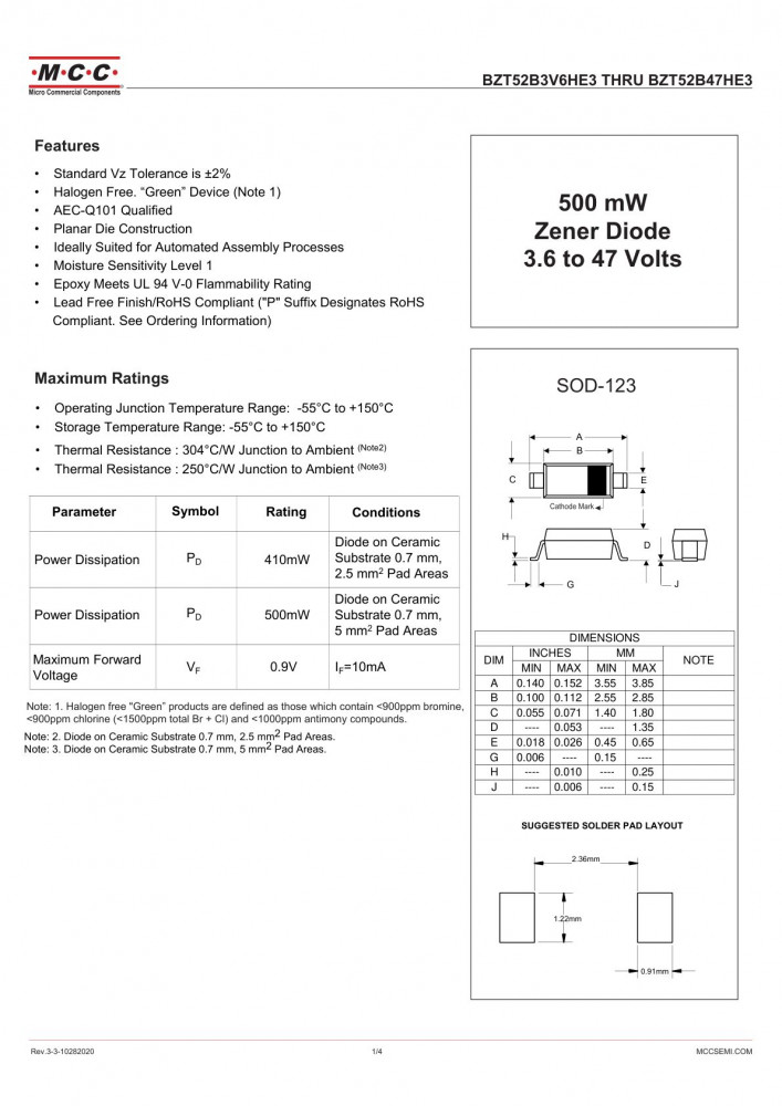 MCC BZT52B3V6HE3-TP datasheet page 1
