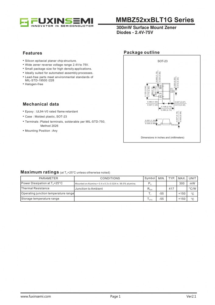MMBZ5231BLT1G technical document page 1