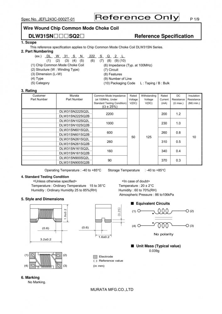 DLW31SN900SQ2L datasheet page 1
