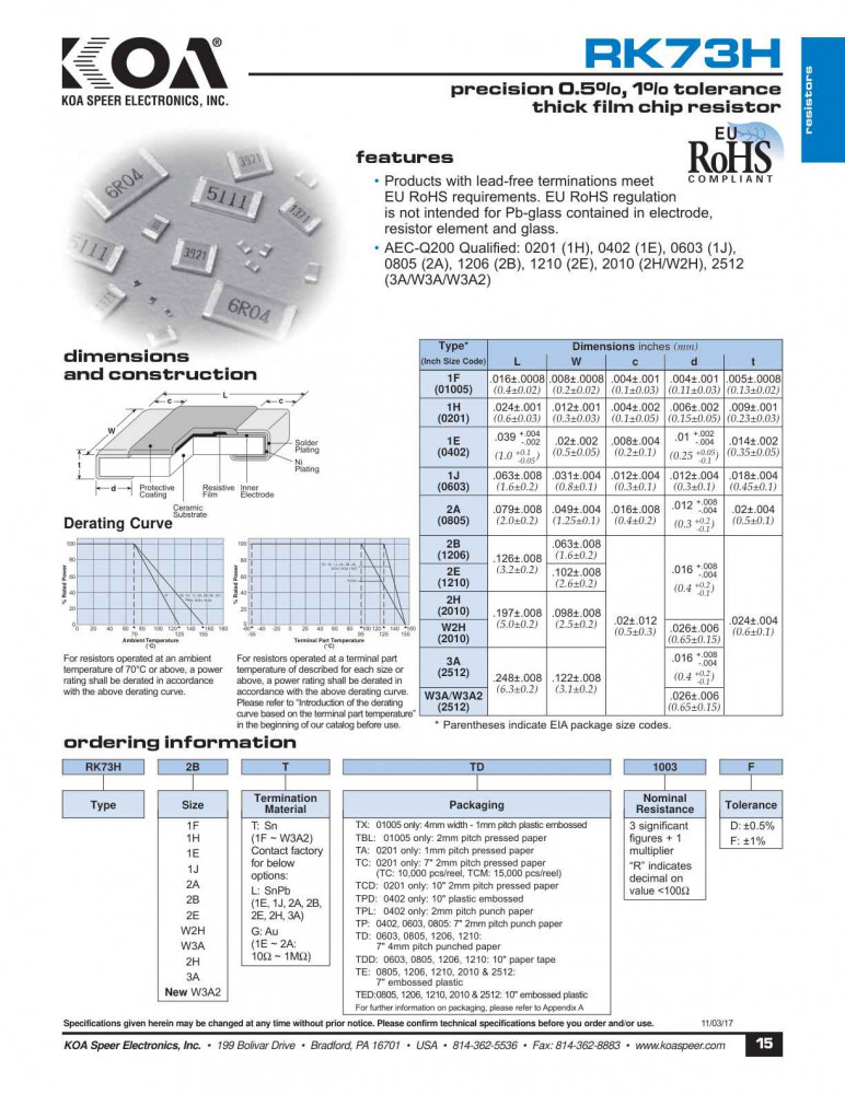 KOA RK73H technical document page 1