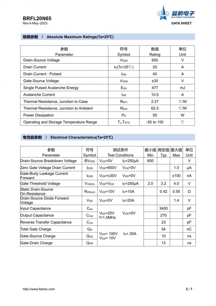 BRFL20N65 datasheet page 2