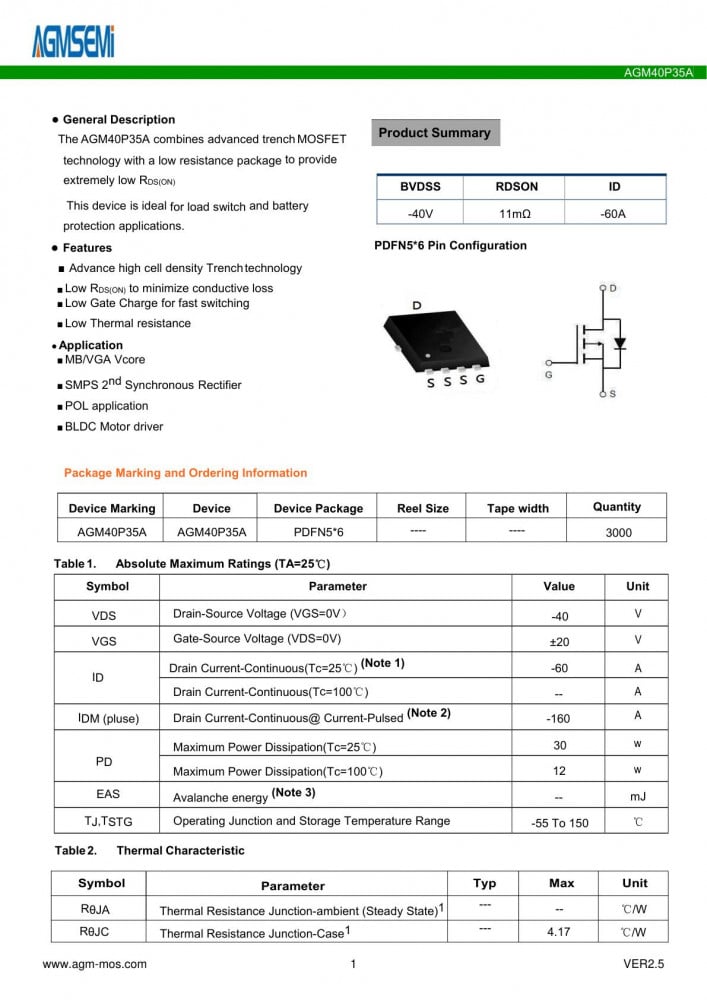 AGM40P35A datasheet page 1