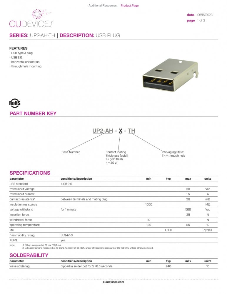 UP2-AH-1-TH official datasheet page 1