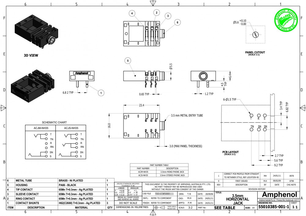 Amphenol ACJS-NH35 3.5 mm horizontal jack drawing