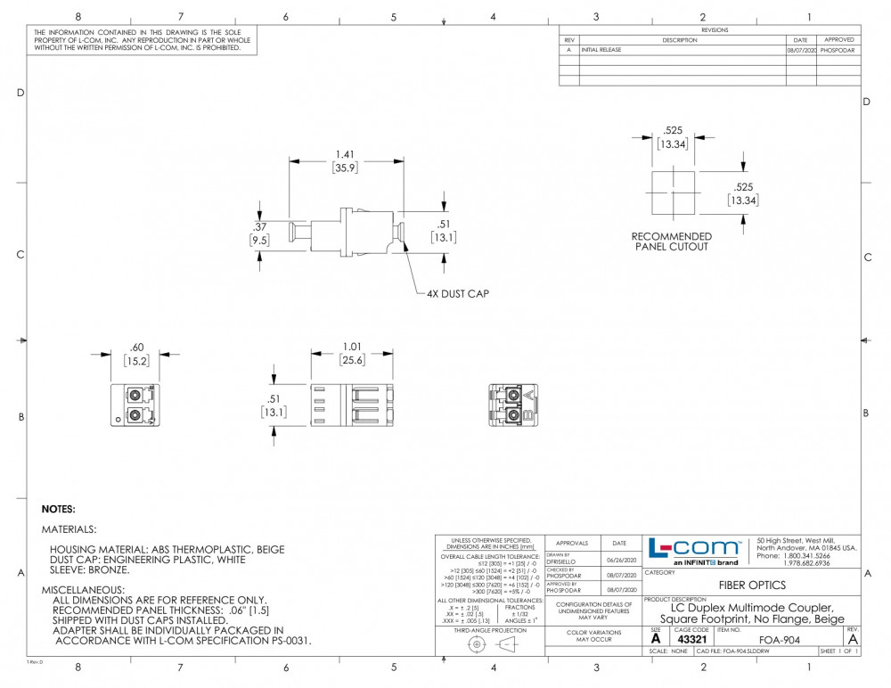 L-com FOA-904 technical drawing and recommended panel cutout