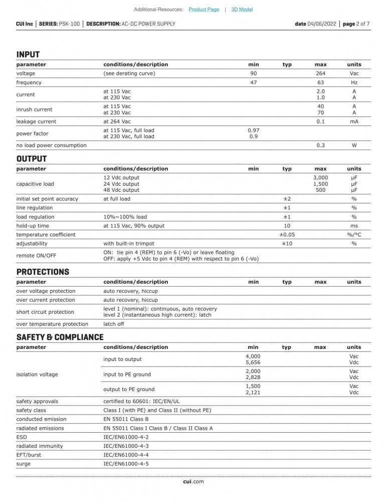 PSK-100 series datasheet page 2