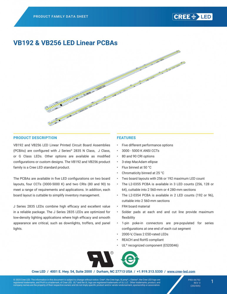 Cree LED VB192 and VB256 linear PCBA datasheet page 1