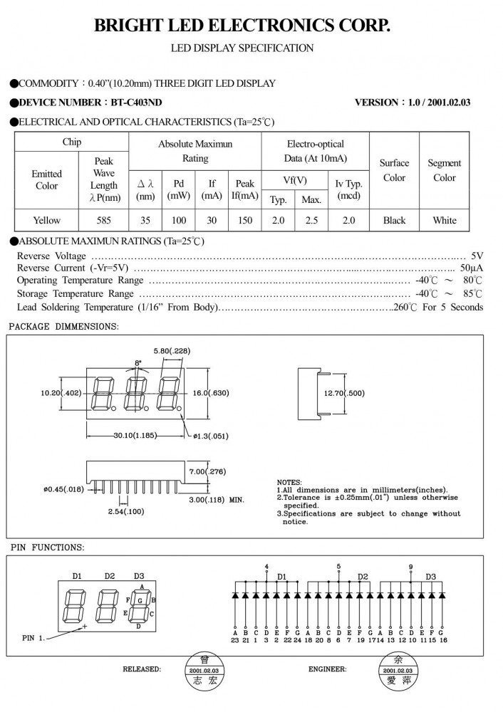 BT-C403ND three-digit LED display specification sheet