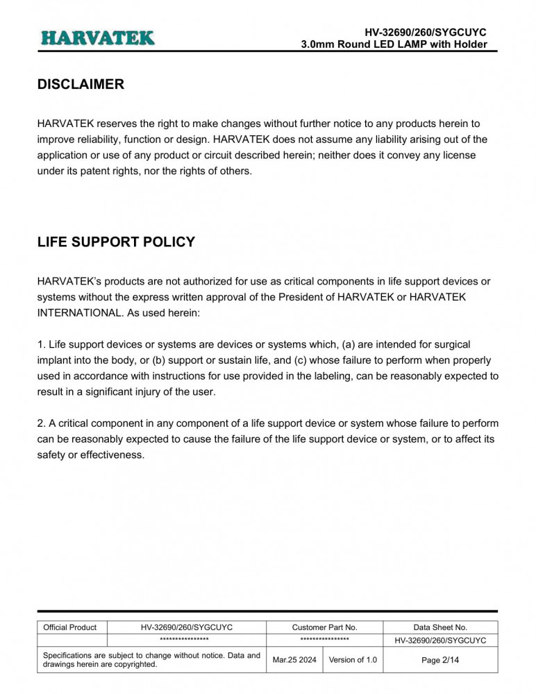 HV-32690/260/SYGCUYC datasheet page 2