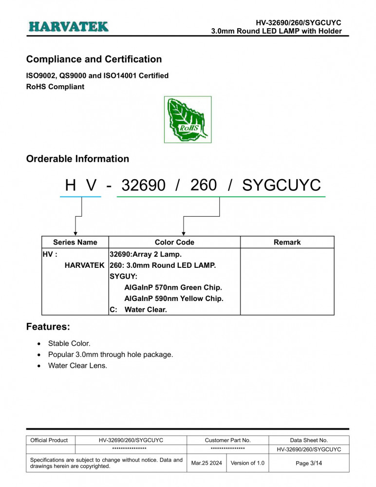 HV-32690/260/SYGCUYC datasheet page 3