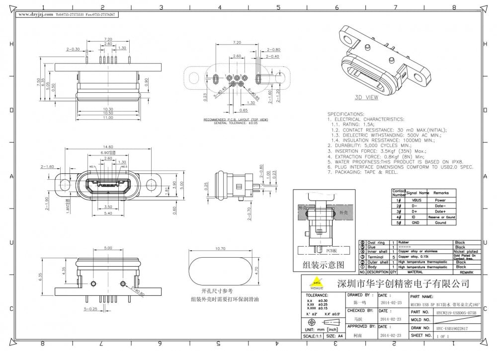 HOAUC HYCW219-USBD05-075B technical drawing
