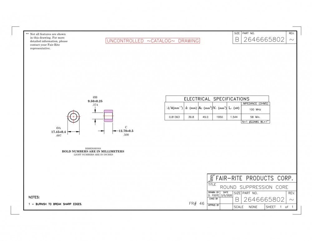 Fair-Rite 2646665802 technical document page