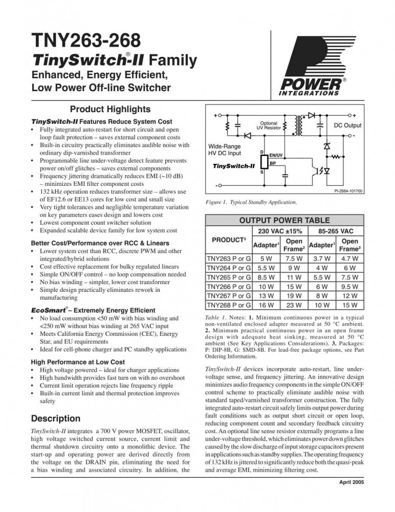 TNY268PN technical document page 1