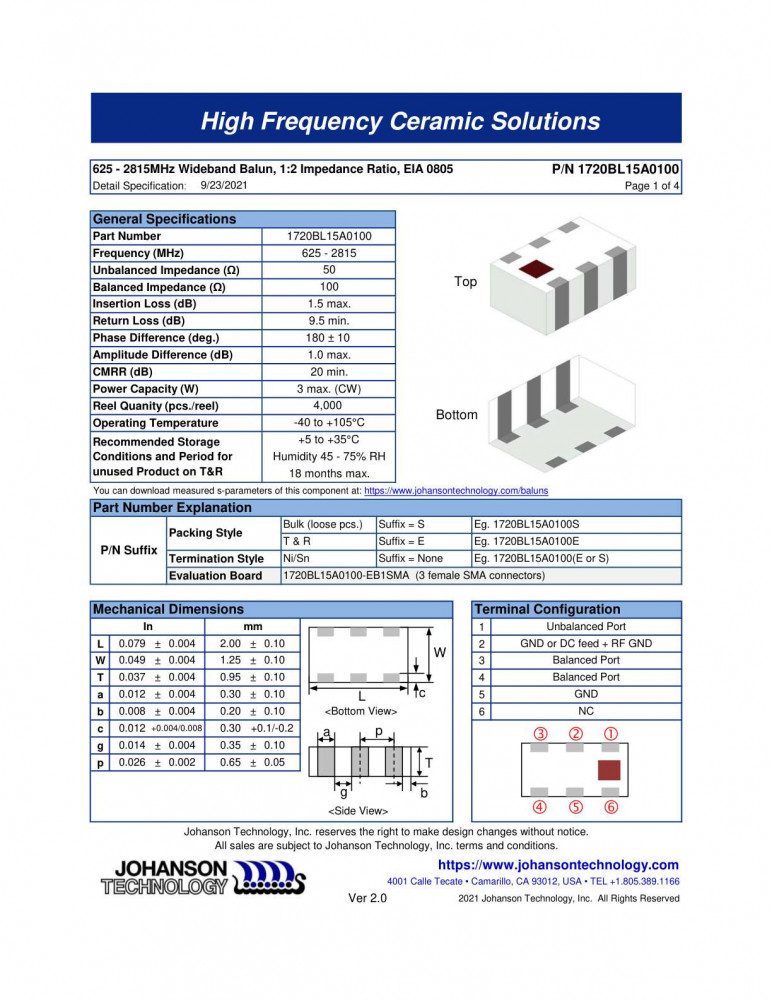 1720BL15A0100 specification page 1: general specifications and terminal details